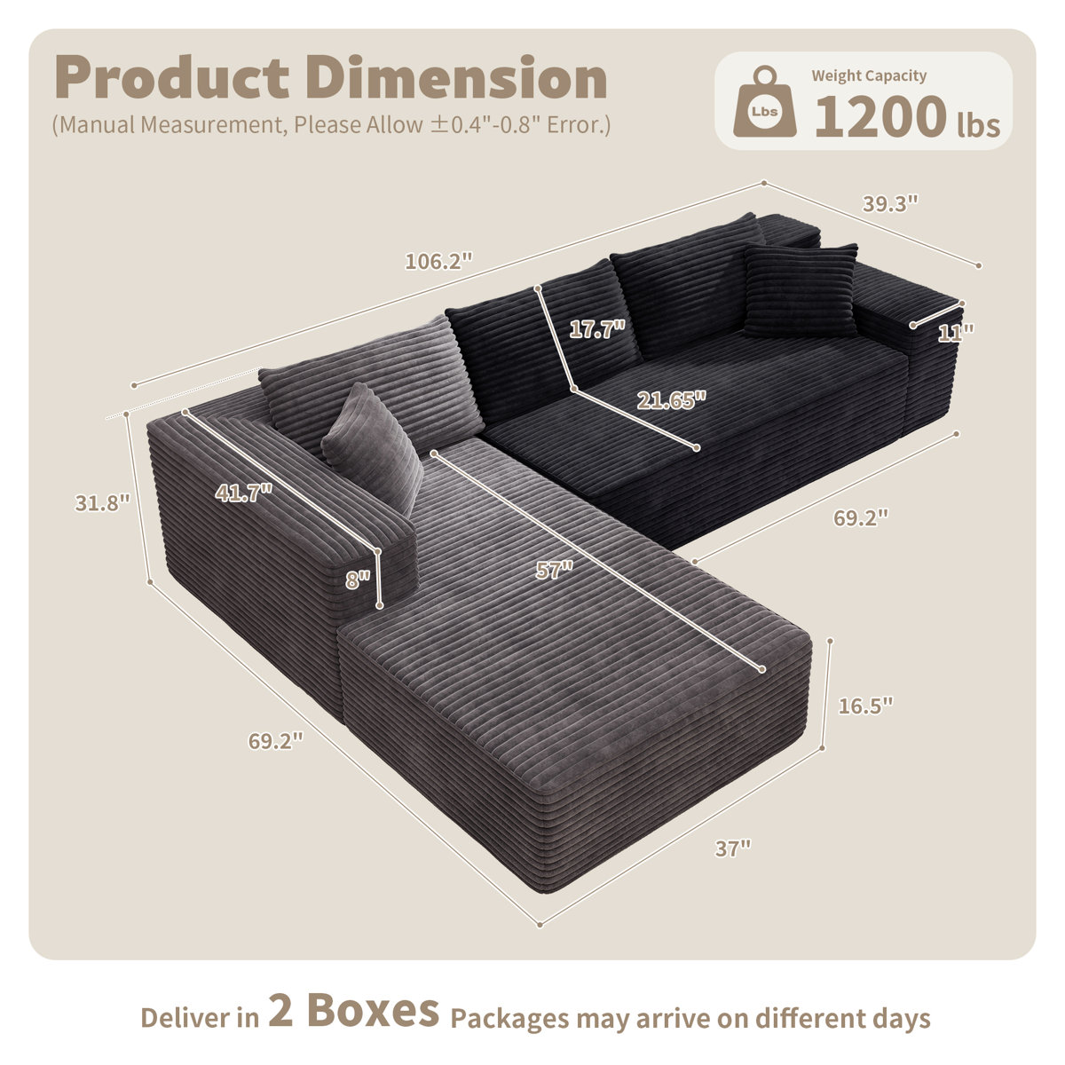 Mercer41 104" Modular Cloud Sectional Couch, No-assembly L-shaped Sofa With Chaise, Deep Seat ...